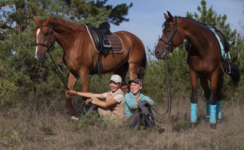 Two Smiling Girls with Their Beautiful Horses Stock Image - Image of ...