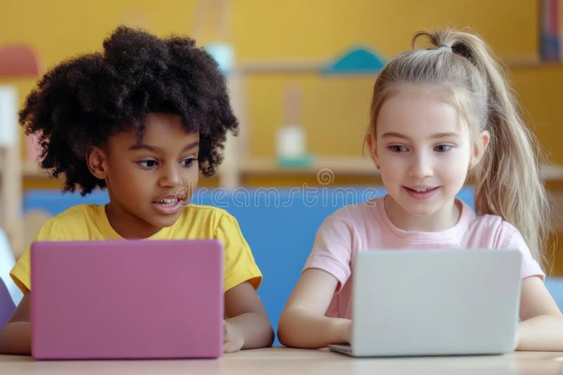 Two Smiling Girls Using Laptops are Learning Coding at School Stock ...
