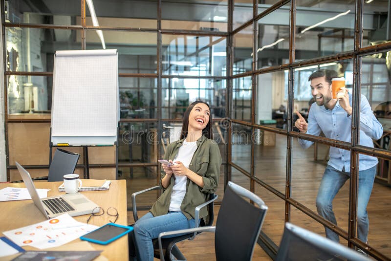 Two Smiling Office Workers Having Fun during Coffee Break Stock Photo ...