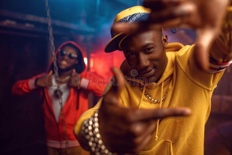 Two Smiling Rappers, Breakdancing in Studio Stock Photo - Image of dark ...