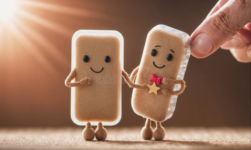 Two Smiling Rectangular Characters Stand Holding Hands with a Hand ...