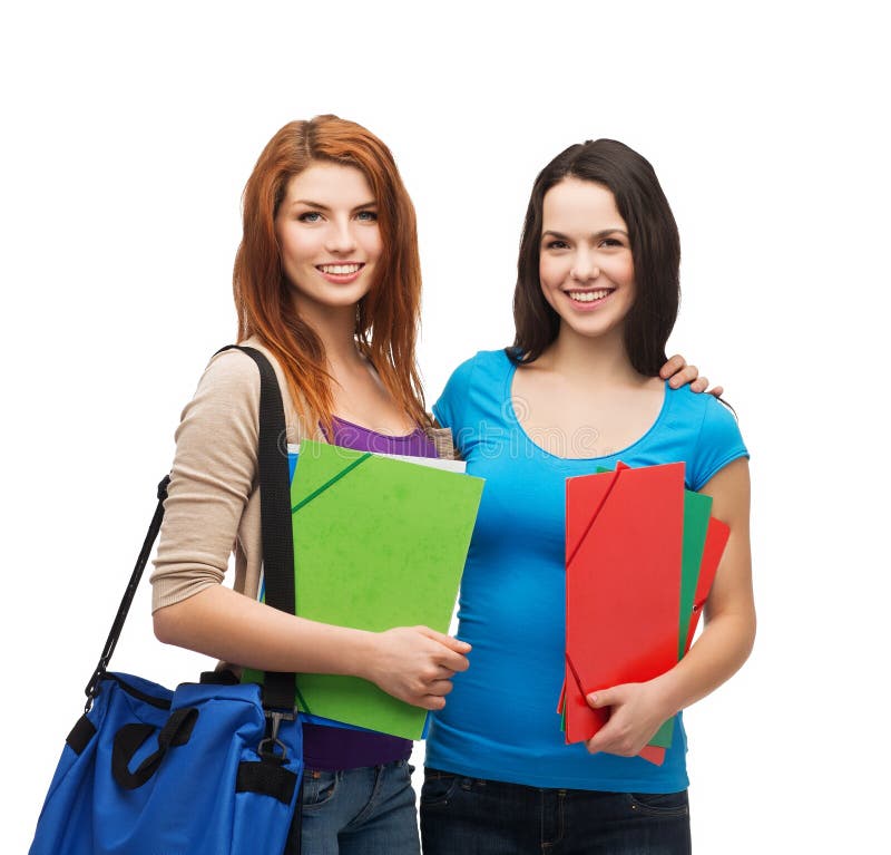 Two Smiling Students with Bag and Folders Stock Image - Image of happy ...