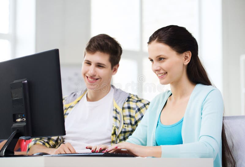 Two Smiling Students Having Discussion Stock Photo - Image of monitor ...