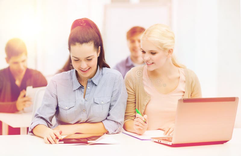 Smiling Students with Laptop Showing Thumbs Up Stock Photo - Image of ...