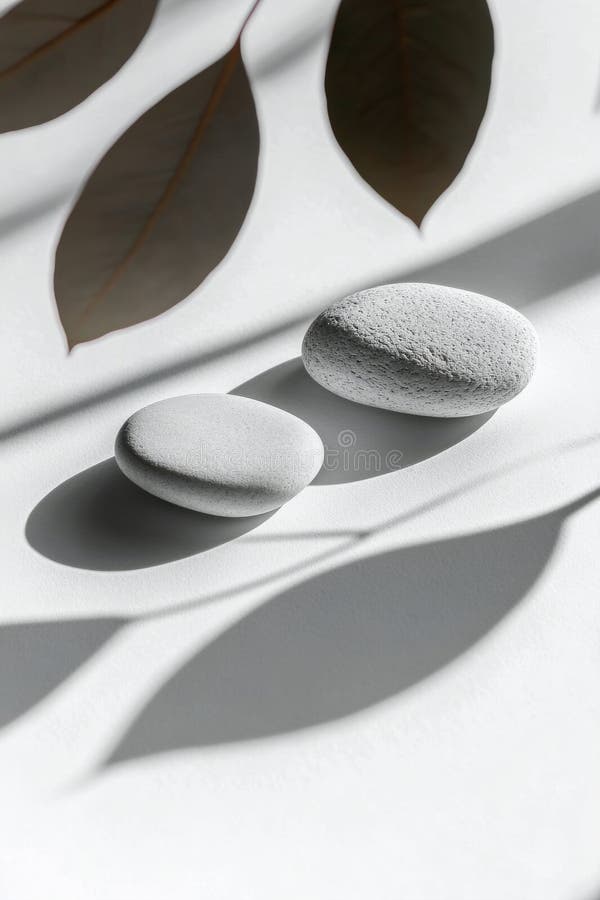 Two Smooth White Stones Casting Shadows on a Light Background with ...
