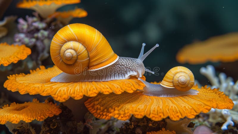 Two Snails are on a Coral Reef with Some Other Sea Life, AI Stock Photo ...