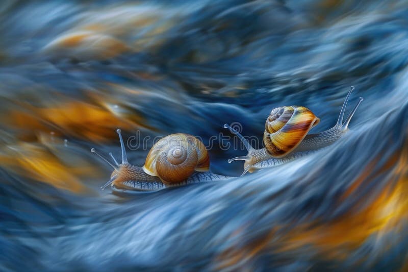 Two Snails Crawl Across a Stream Bed, Their Shells Reflecting the ...