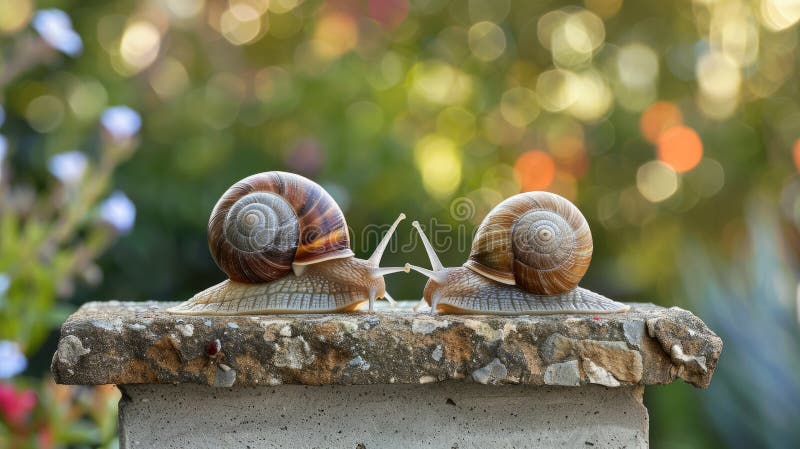 Two Snails Exploring the Edge of a Garden Table in Natural Light Stock ...