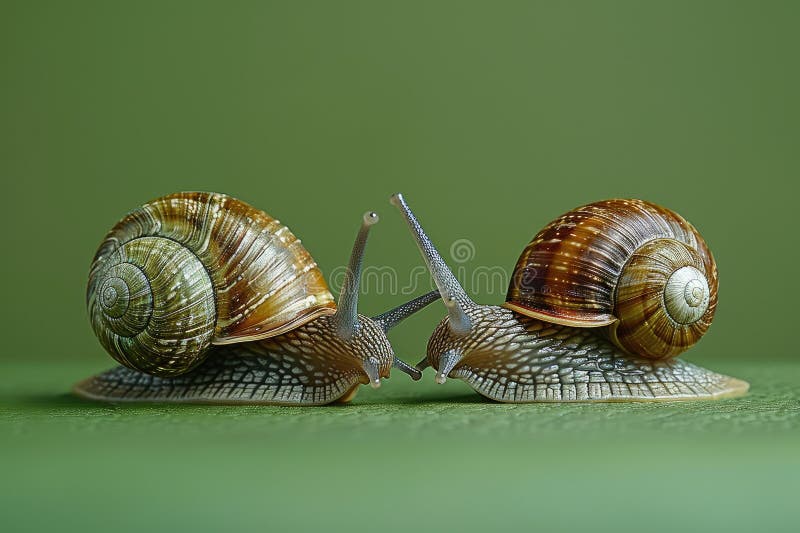 Two Snails on Green Background. a Pair of Snails with Shells on a Dark ...