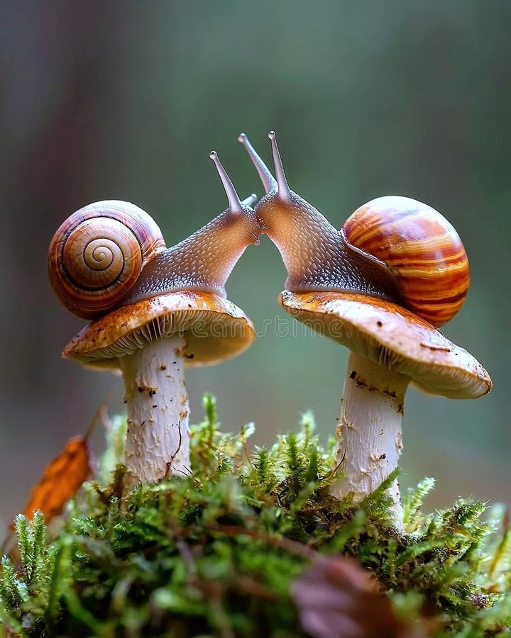 Two Snails in Love, Standing on Mushrooms in the Forest. Generative Ai Stock Photo - Image of ...