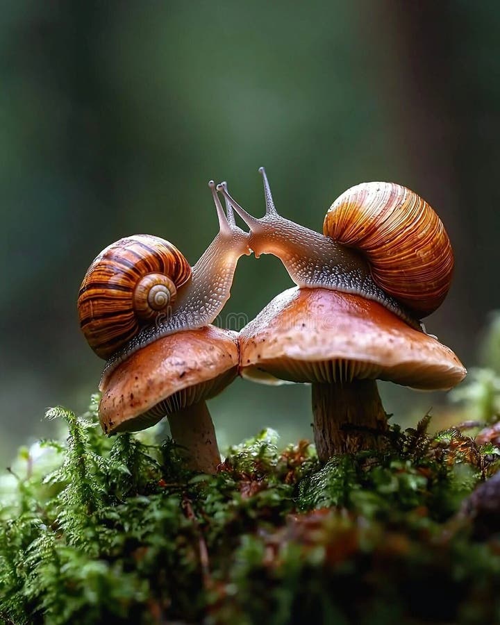 Two Snails in Love, Standing on Mushrooms in the Forest. Generative Ai ...