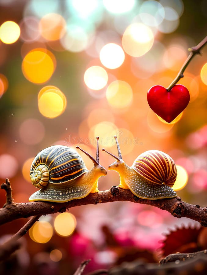 Two Snails Sitting on a Branch with a Red Heart in the Background Stock ...