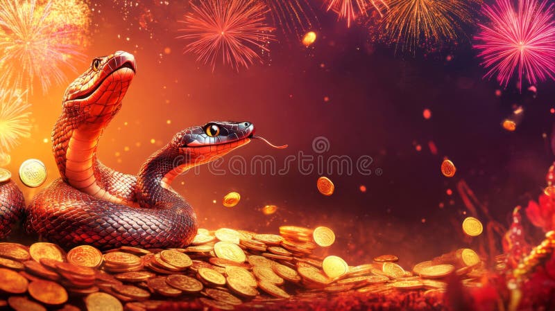 Two Snakes Surrounded by Gold Coins and Fireworks Stock Illustration ...