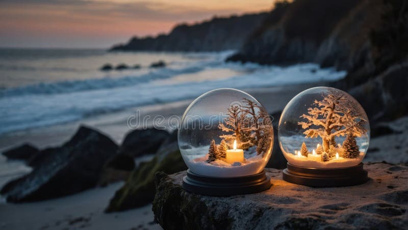 Romantic Winter Solstice Snow Globes on Beach at Sunset Stock ...