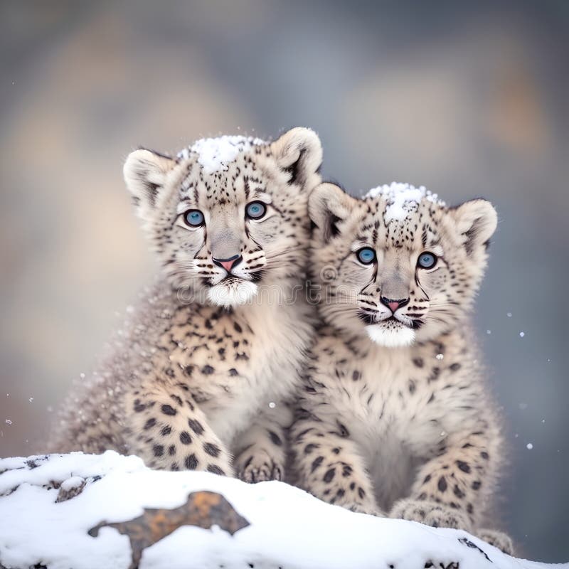 Two Snow Leopard Cubs (Panthera Pardus) Sitting on Snow Stock ...