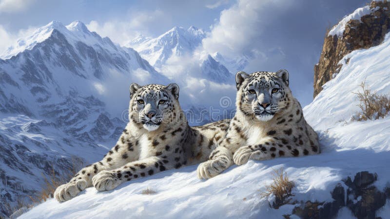 Two Snow Leopards Resting on Snowy Mountain Peak Stock Illustration ...