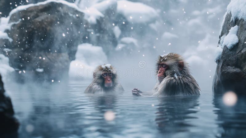 Two Snow Monkeys Relaxing in a Hot Spring during a Snowstorm Stock ...