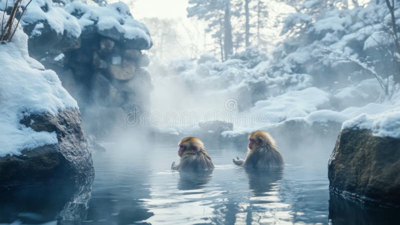 Two Snow Monkeys Relaxing in a Hot Spring Surrounded by Snowy Landscape ...