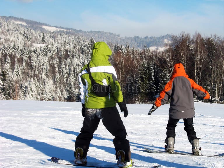 Two snowboard begginers stock image. Image of white, airborne - 17828171