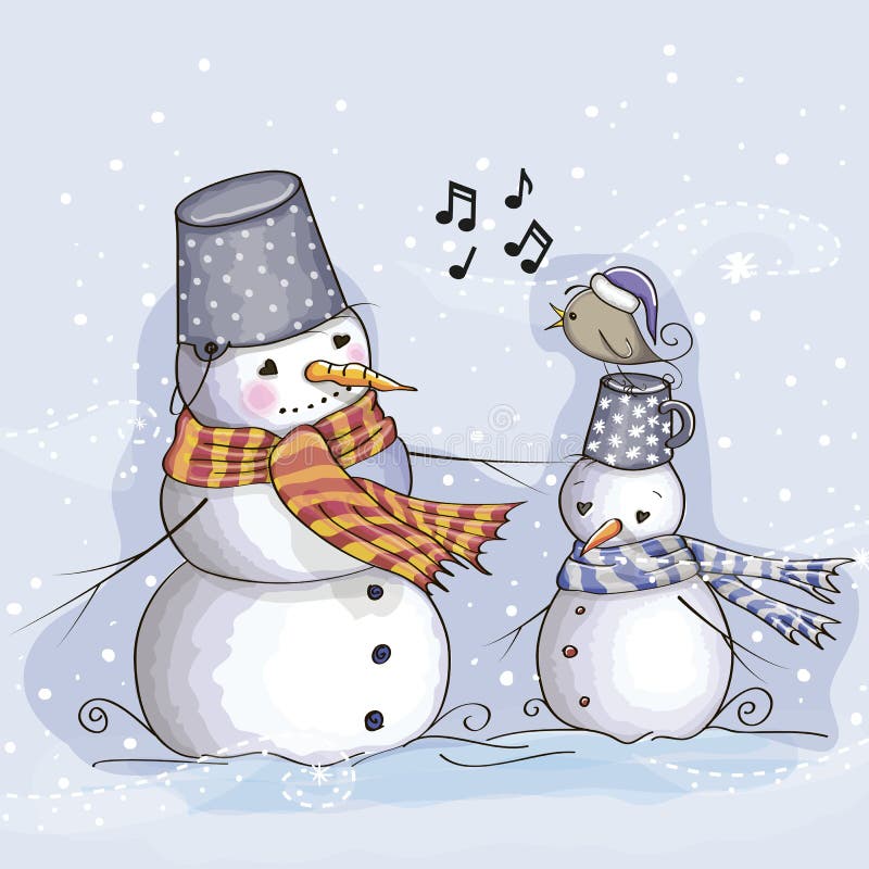 Two Snowman and bird stock vector. Illustration of copy - 61805134