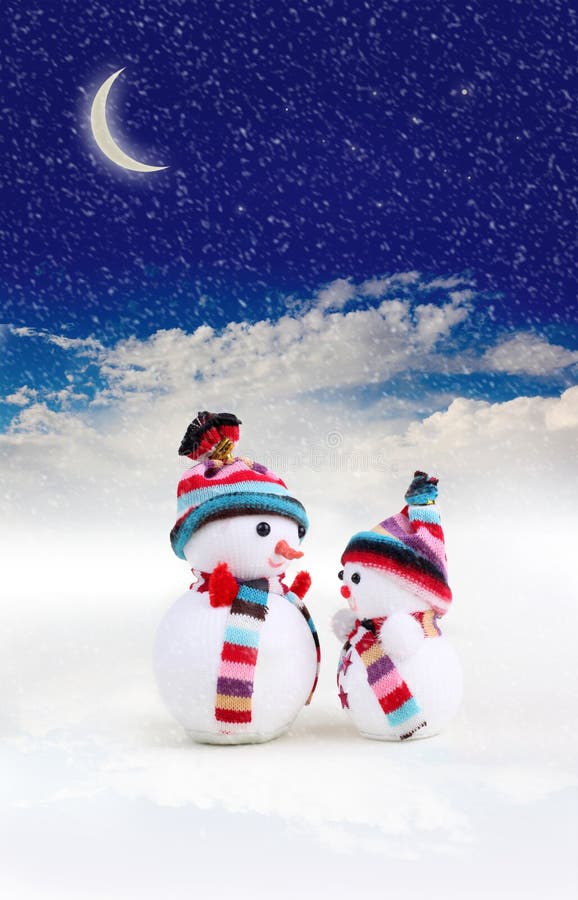 Many Snowmen Standing in Winter Christmas Landscape. Stock Image ...