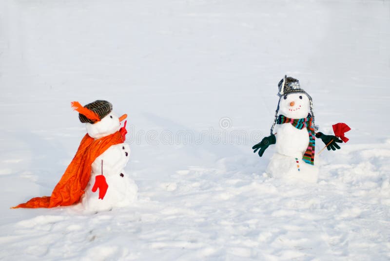 Two Snowmen - a Lovely Couple Stock Image - Image of cold, headscarf ...
