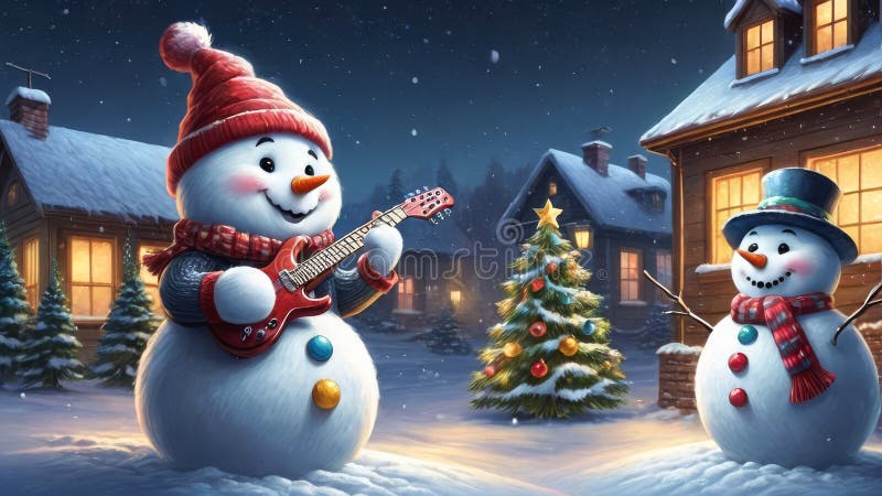 Two Snowmen Playing a Guitar in Front of a Christmas Tree Stock Photo ...