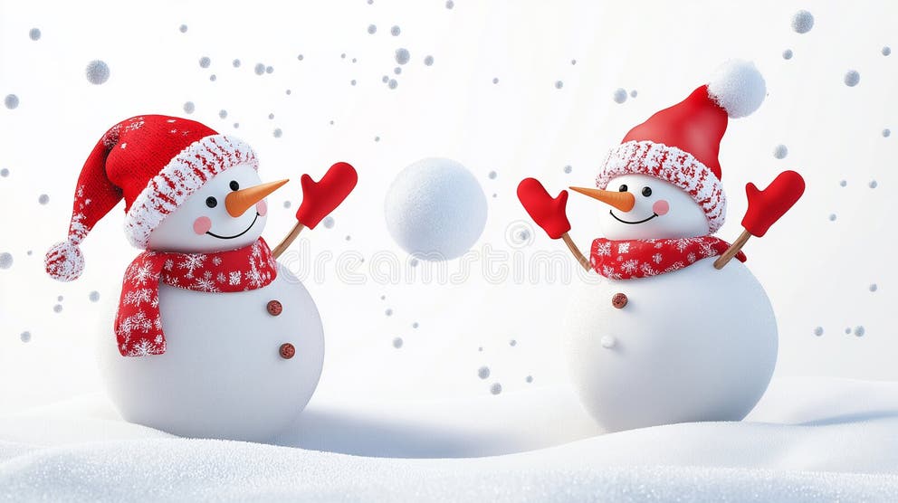Two Snowmen Playing in the Snow, One Throwing a Snowball at the Other ...