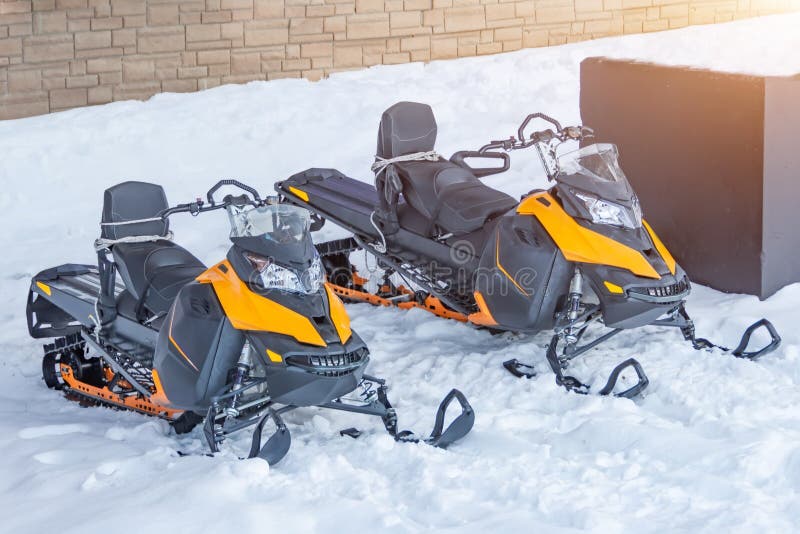 Two Snowmobiles Parked in the Mountains in Winter Stock Photo - Image ...