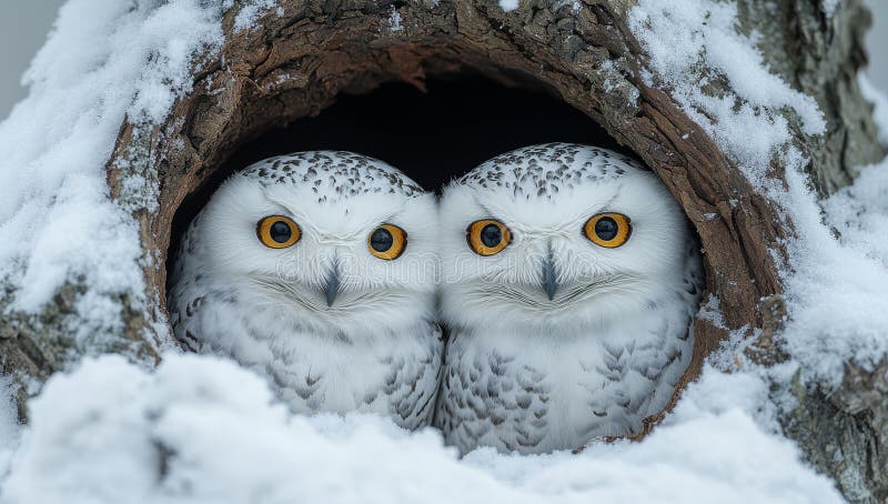 Two Snowy Owls Resting in a Tree Hollow Stock Photo - Image of habitat ...