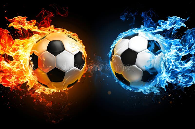 Two Soccer Balls on Fire and Blue Flames, Realistic 3D Illustration on ...