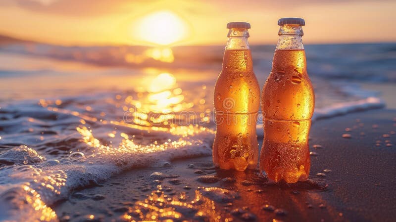 Two Soda Bottles on a Beach with Waves at Sunset. Stock Photo - Image ...