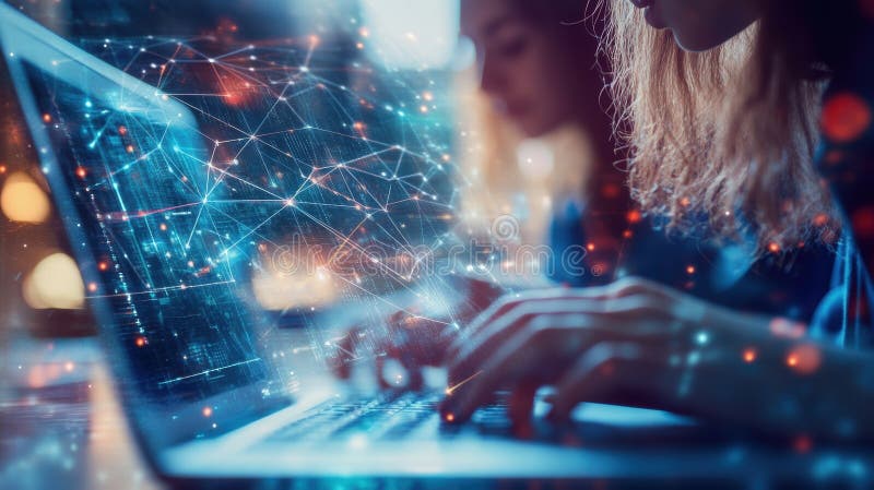 Programmers Working on Laptop with Global Network Hologram, Futuristic ...