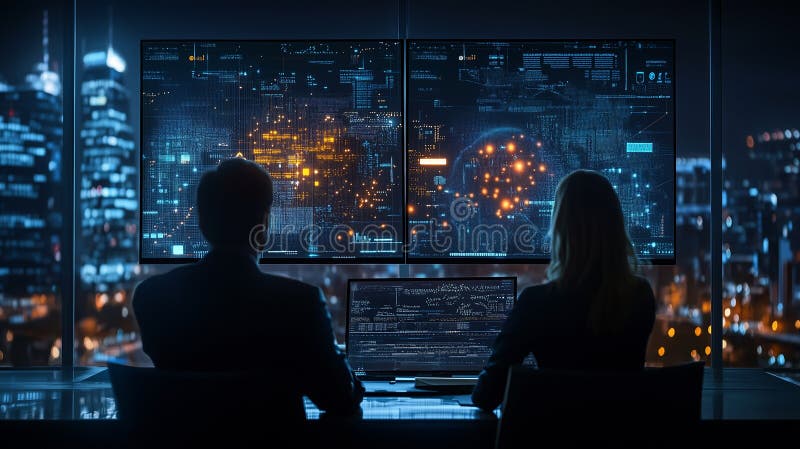 Two Software Developers Working Late at Night in a Dark Office Analyzing Big Data on Computer ...