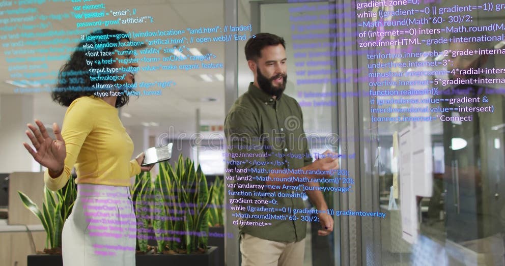 Two Software Engineers Analyzing Code on Glass Wall in Office, Using ...