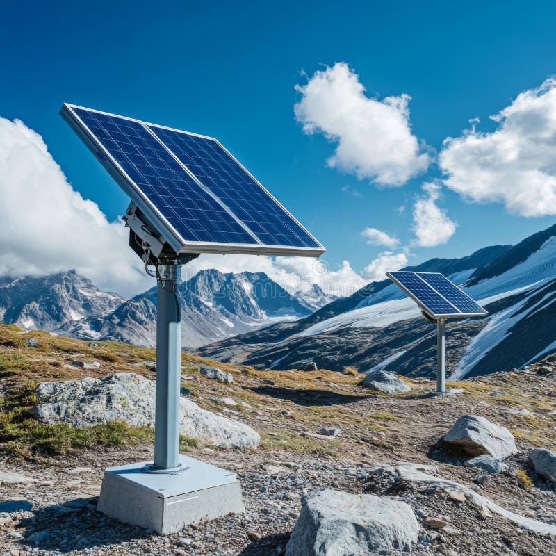 Two Solar Panels Mounted on Poles in a Mountainous Landscape Stock ...