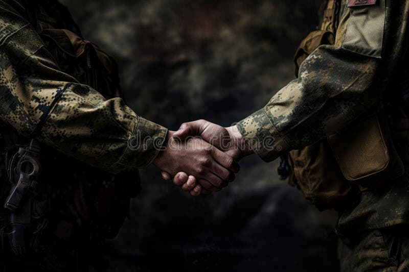 Two Soldiers Shaking Hands in Burning Digital World Stock Image - Image ...