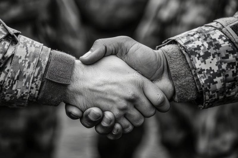 Two Soldiers Shaking Hands, Symbolizing Camaraderie, Agreement, and ...