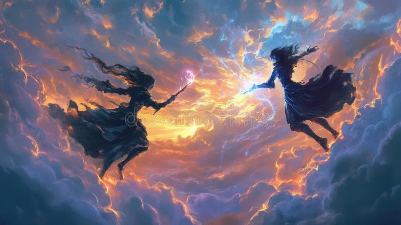 Two Sorceresses Dueling Amidst Celestial Cloudscape Stock Illustration ...