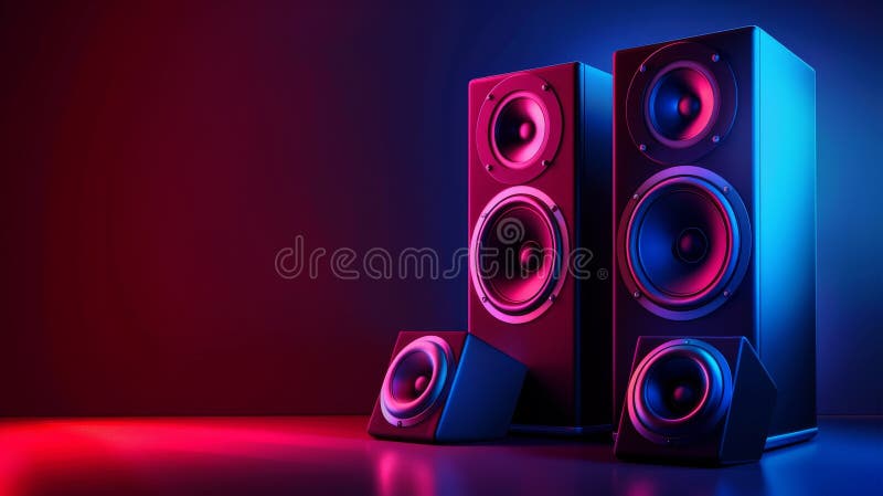Two Sound Speakers and a Subwoofer Against a Dark Background with Neon ...