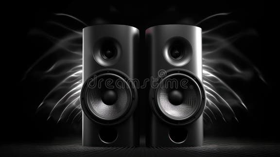 Two Sound Speakers with Sound Wave between Them on Black Stock ...