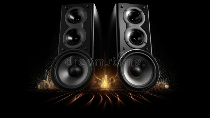 Two Sound Speakers with Sound Wave between Them on Black Stock ...