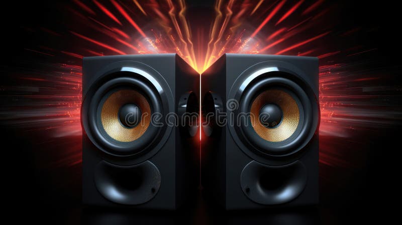 Two Sound Speakers with Sound Wave between Them on Black Stock ...
