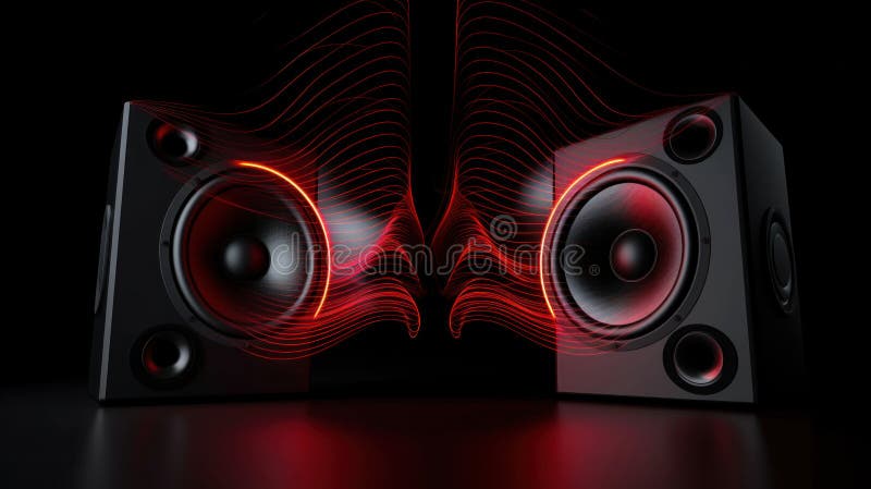Two Sound Speakers with Sound Wave between Them on Black Stock ...