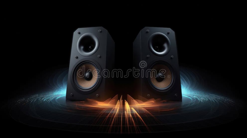 Two Sound Speakers with Sound Wave between Them on Black Stock ...