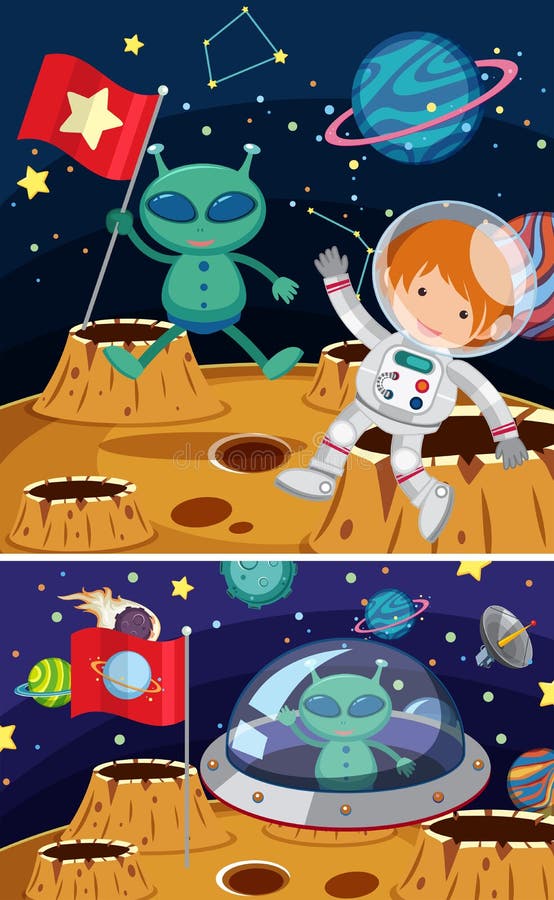 Two Space Scenes with Aliens and Astronaut Stock Vector - Illustration ...
