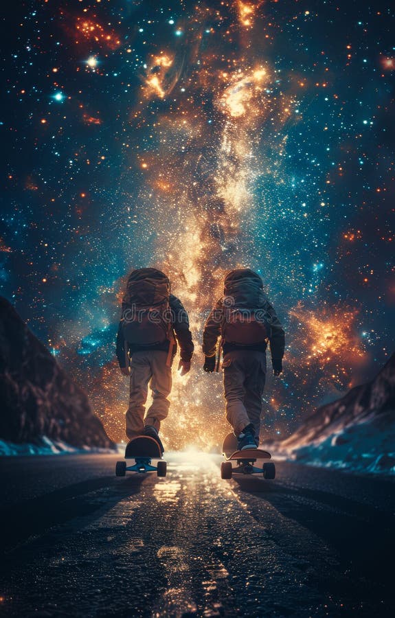 Two Spaceman Walking on Road at Night Stock Image - Image of concept ...