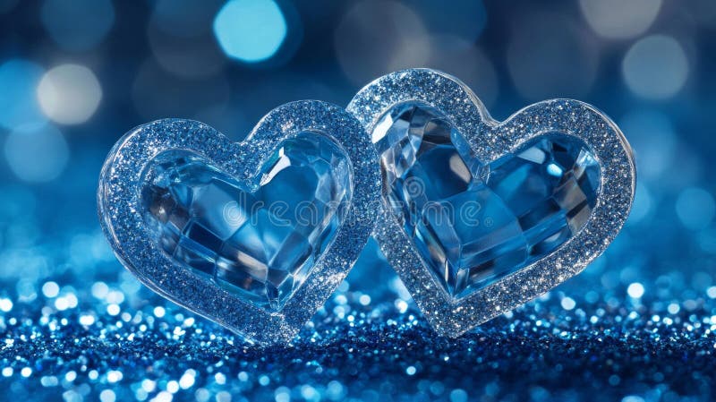 Two Sparkling Blue Crystal Hearts on Glitter Background Stock ...