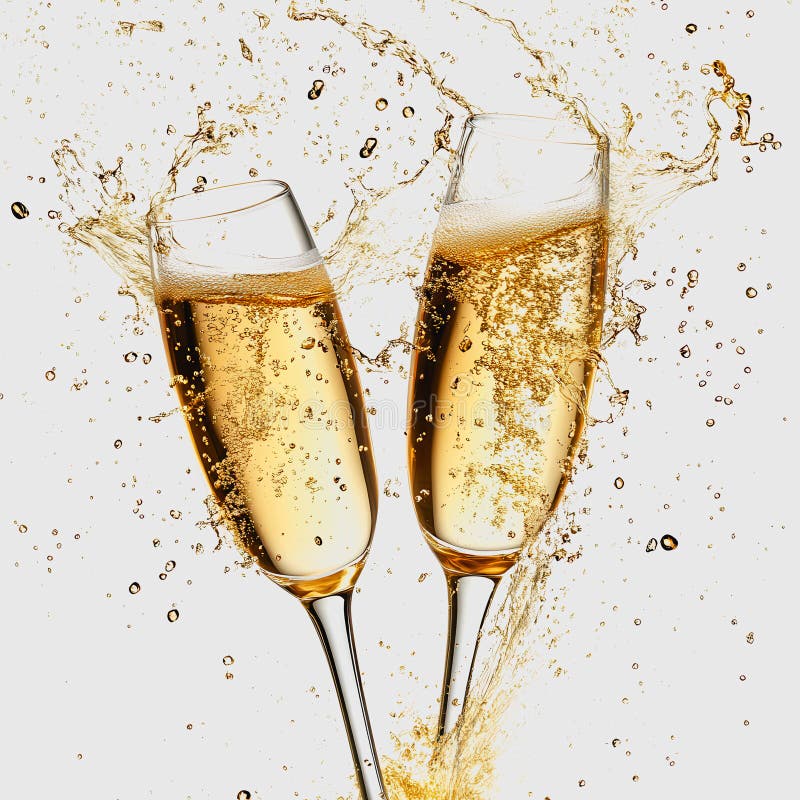 Two Sparkling Champagne Flutes Clinking Together, Creating a Splash of ...