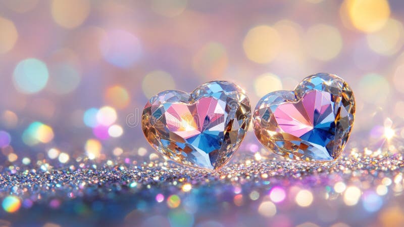 Two Sparkling Crystal Hearts on Glittering Surface Stock Illustration ...